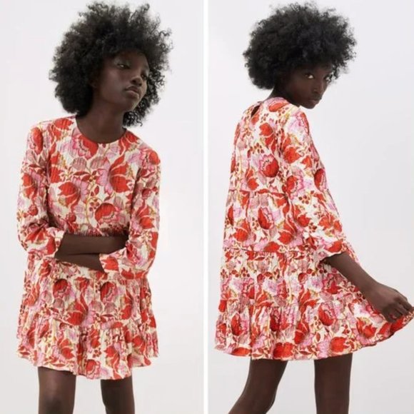 Zara | Dresses | Zara Sharon Redpink Floral 34 Sleeve Tiered Ruffle ...
